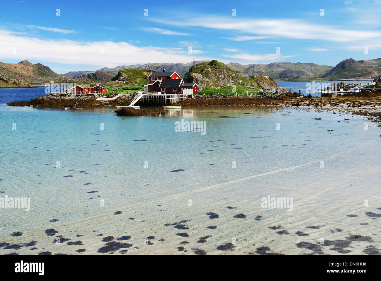 Island with a fishing village in the middle of the fjord, Mageroya ...