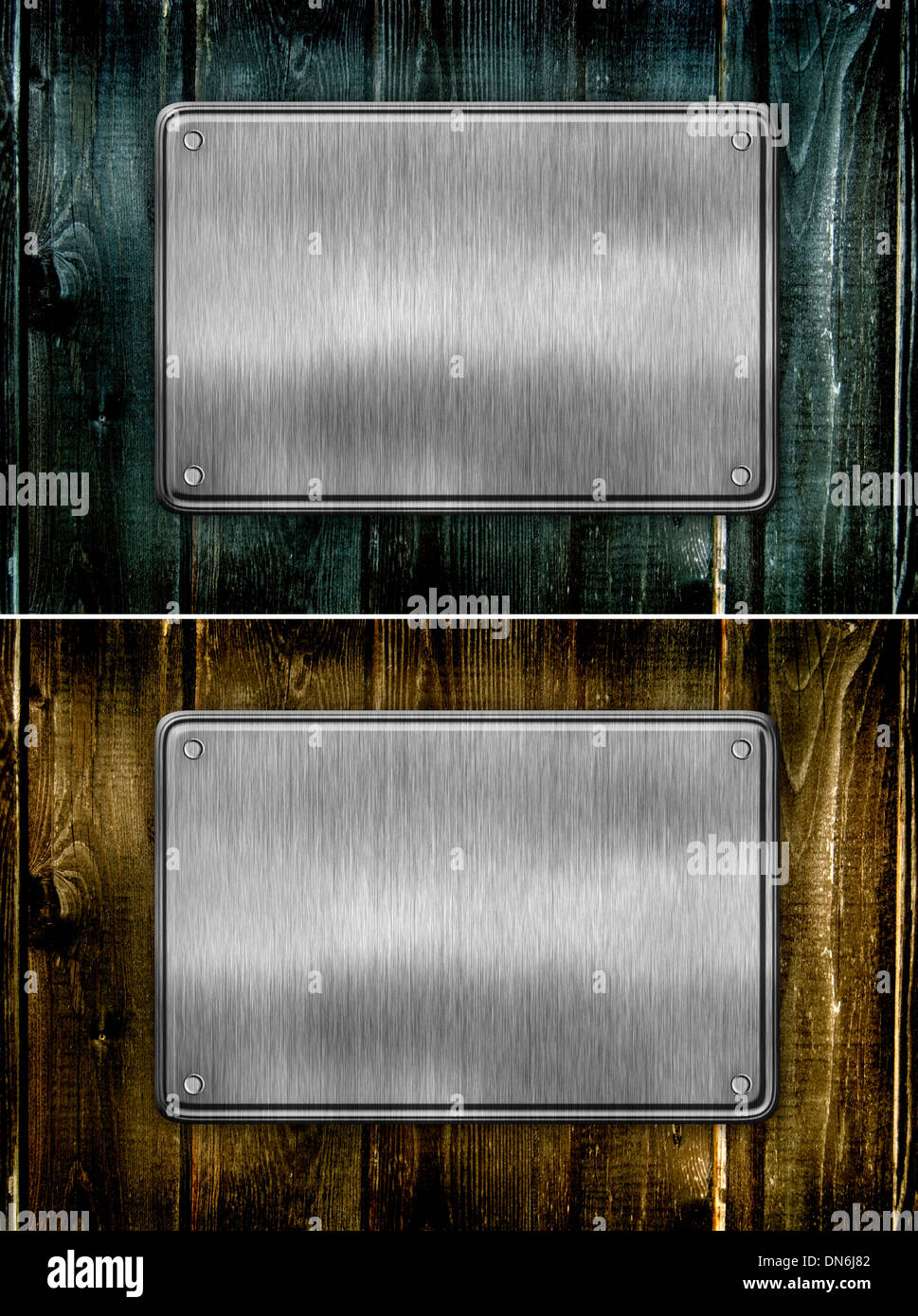 metal sign on wood plank background Stock Photo - Alamy