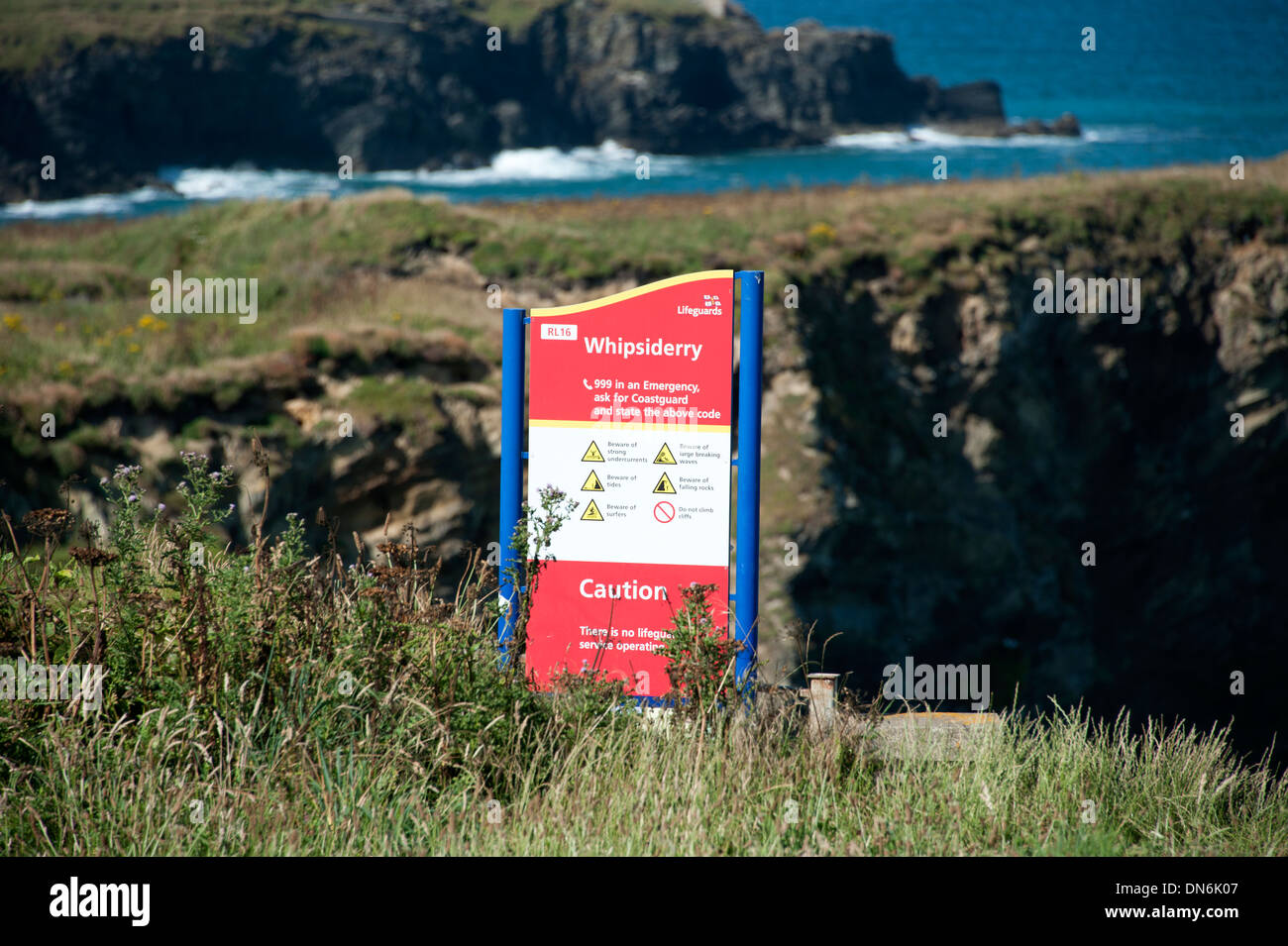 Whipsiderry Bay Cornwall Coastal erosion warning Sign UK Stock Photo ...
