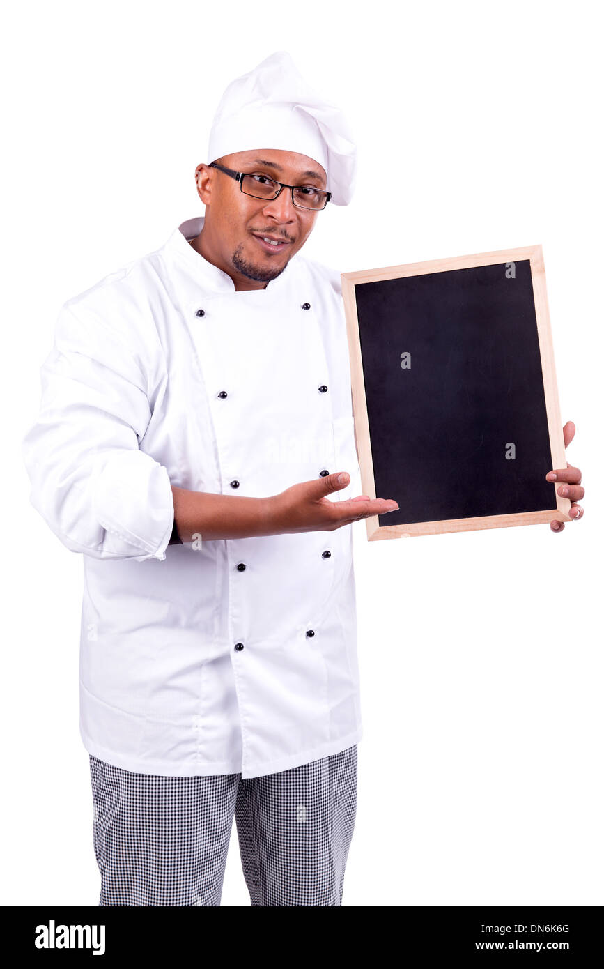 Male chef with menu board isolated in white Stock Photo - Alamy