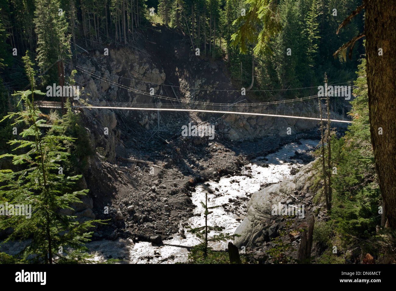 WASHINGTON - Hiker crossing the suspension bridge over Tahoma Creek on the Wonderland Trail in ...