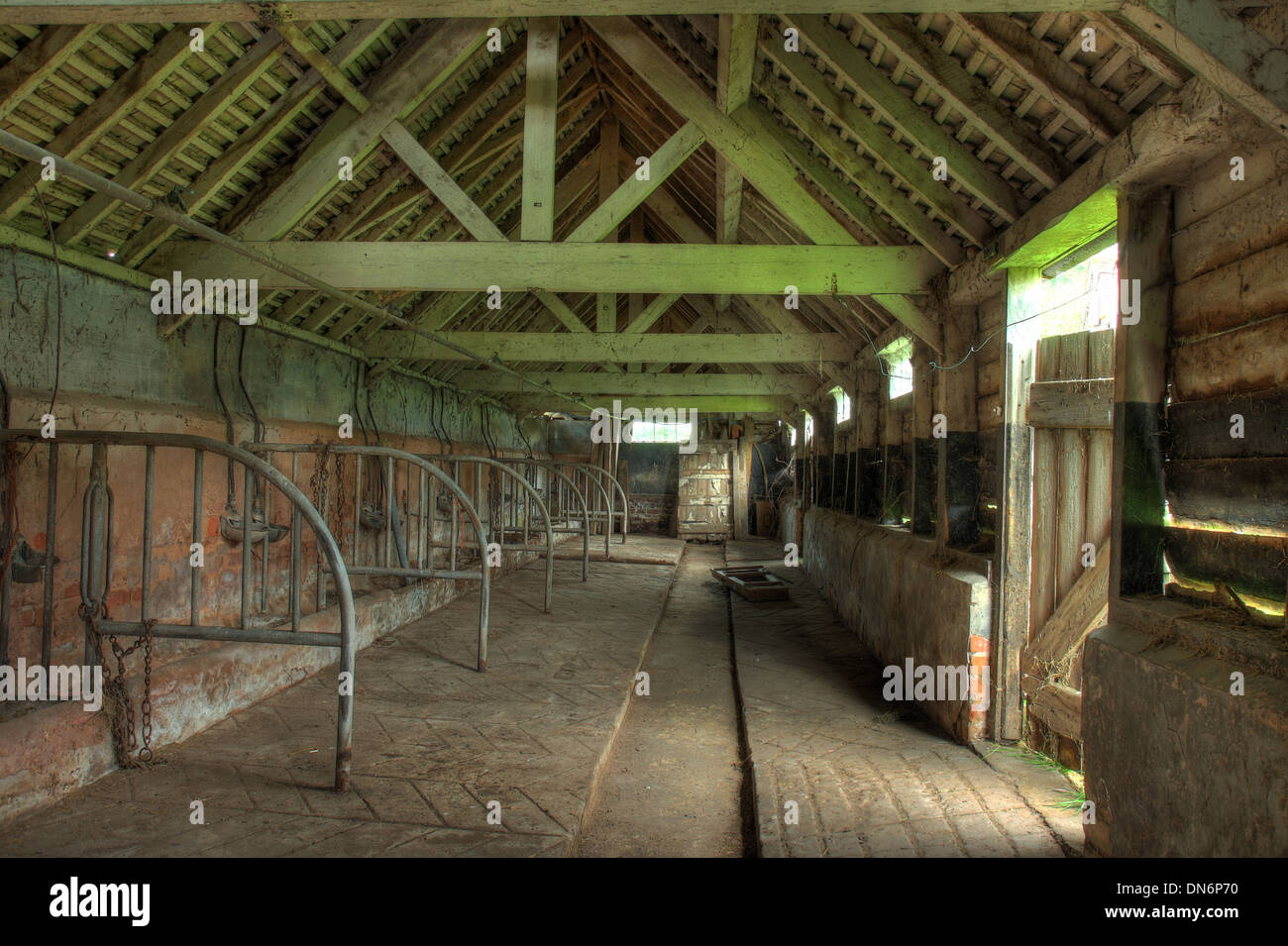Interior view of old cowshed, Worcestershire, England Stock Photo - Alamy