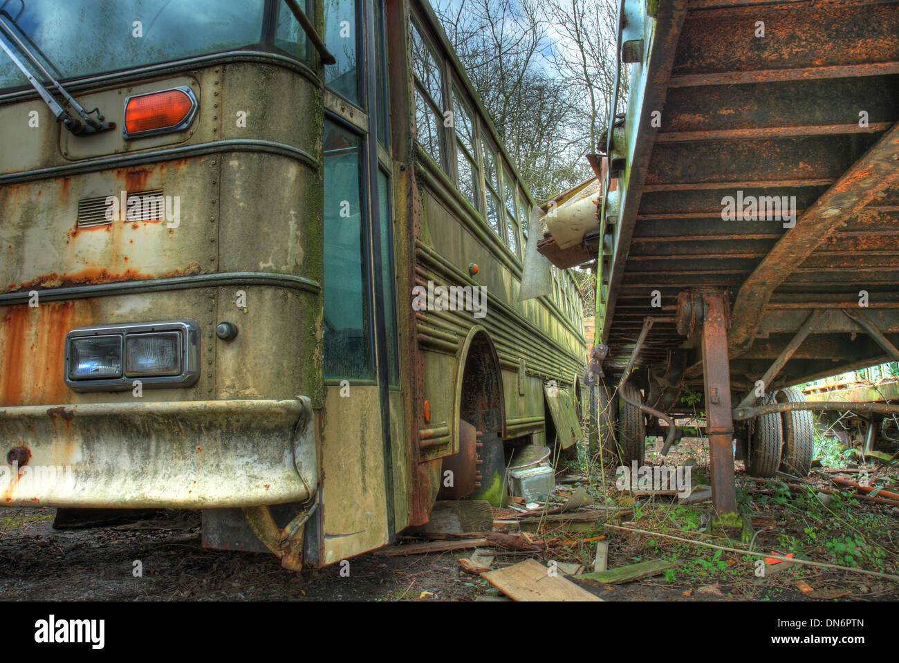 Old coach and trailer at scrapyard, Worcestershire, England Stock Photo ...