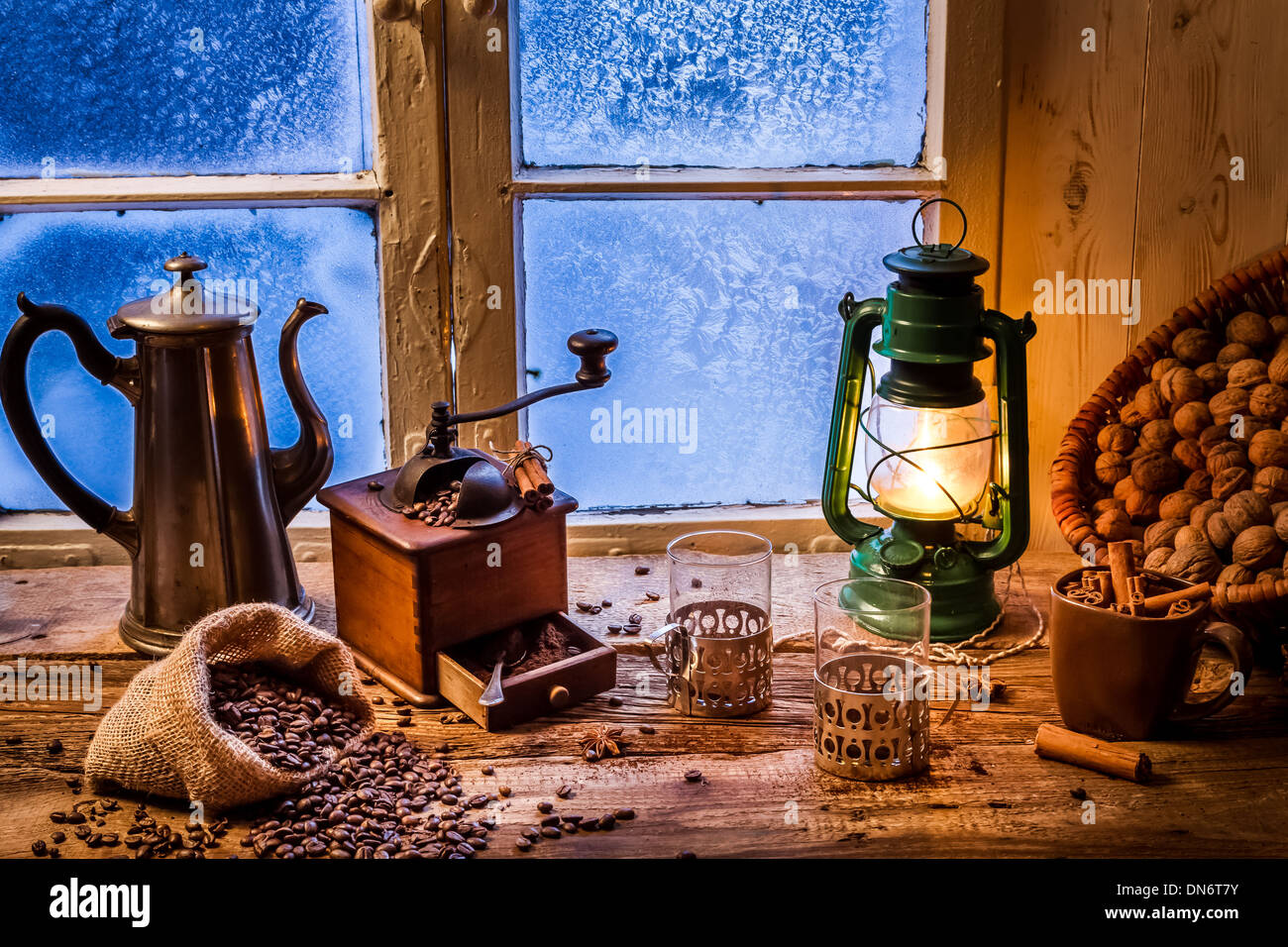 Winter evening with hot coffee Stock Photo - Alamy