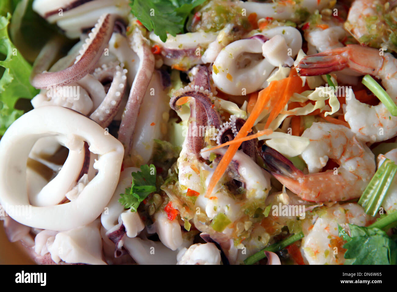 Mixed seafood salad in dish,The Thai food made form shrimp,fish ...