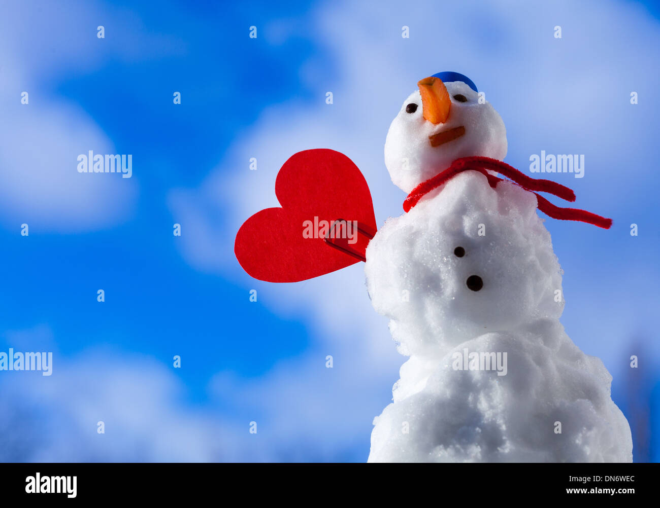 Happy snowman with red heart love symbol in valentine's day. Winter ...