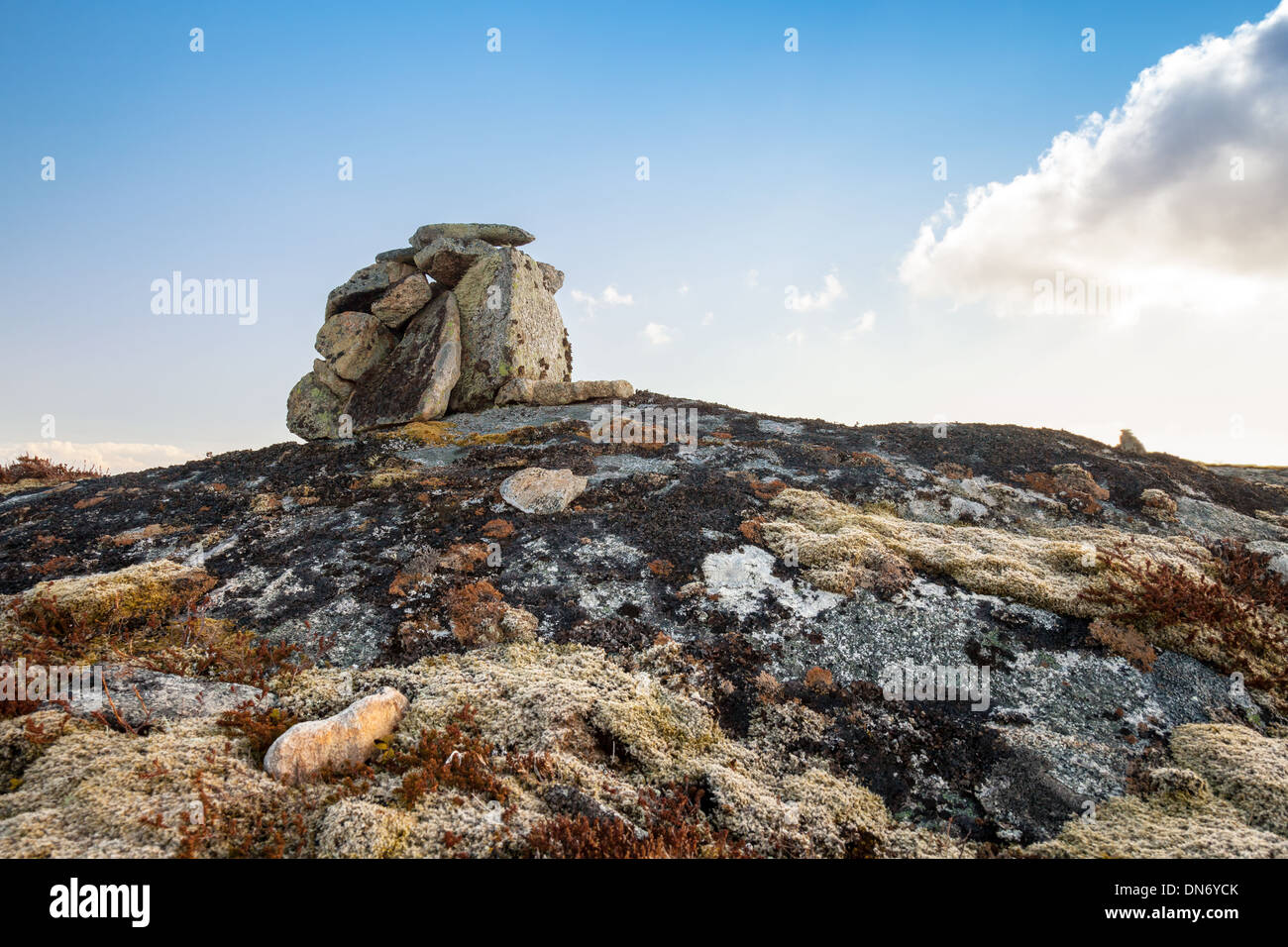Stone cairn as a navigation mark on the top of Norwegian rock Stock ...