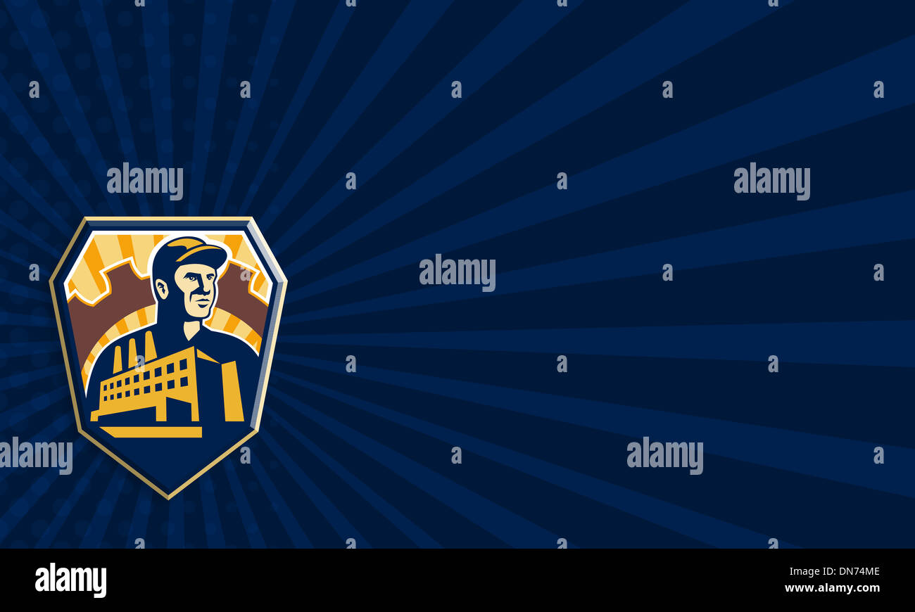 Business card template showing illustration of a factory worker with ...