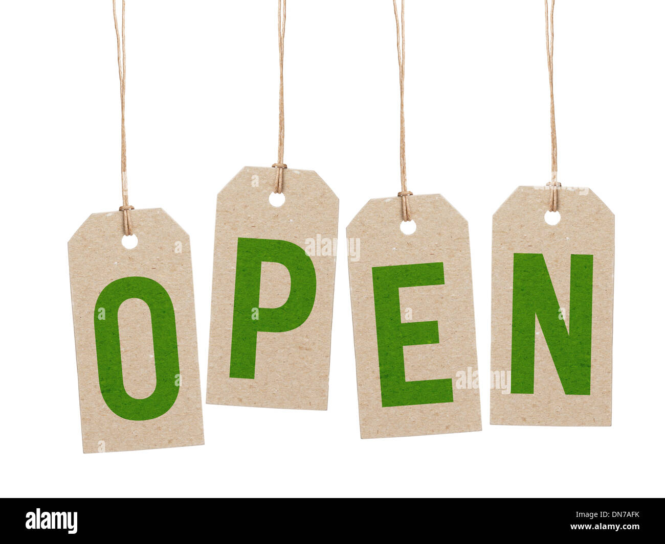 word open on hanging tags, white background Stock Photo - Alamy