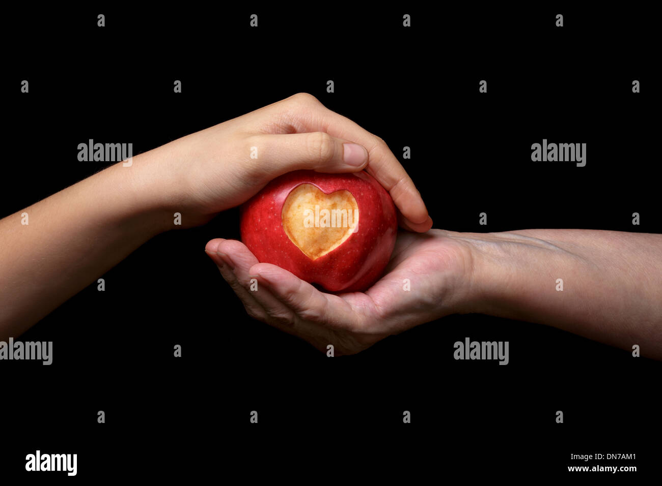 female hands giving apple, isolated on black background Stock Photo - Alamy