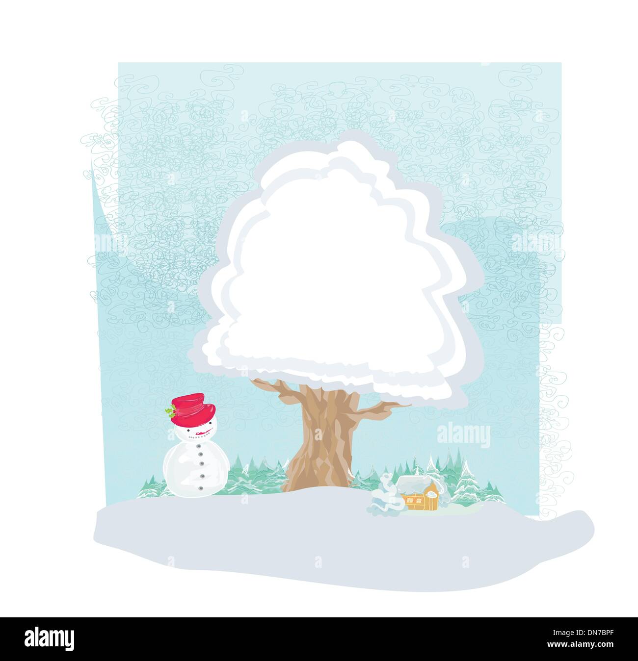 Winter tree background - landscape with a house, Christmas trees Stock ...