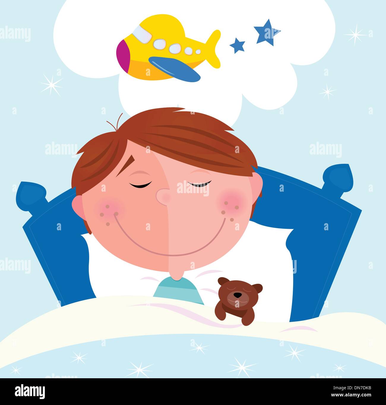 Small boy sleeping in bed and dreaming about airplane Stock Vector ...
