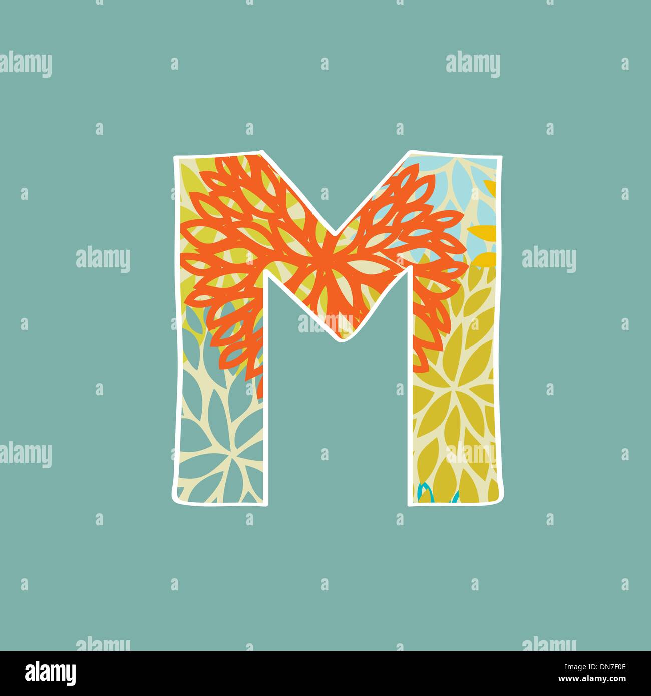 Hand drawn floral letter M isolated on blue background. Vintage vector ...
