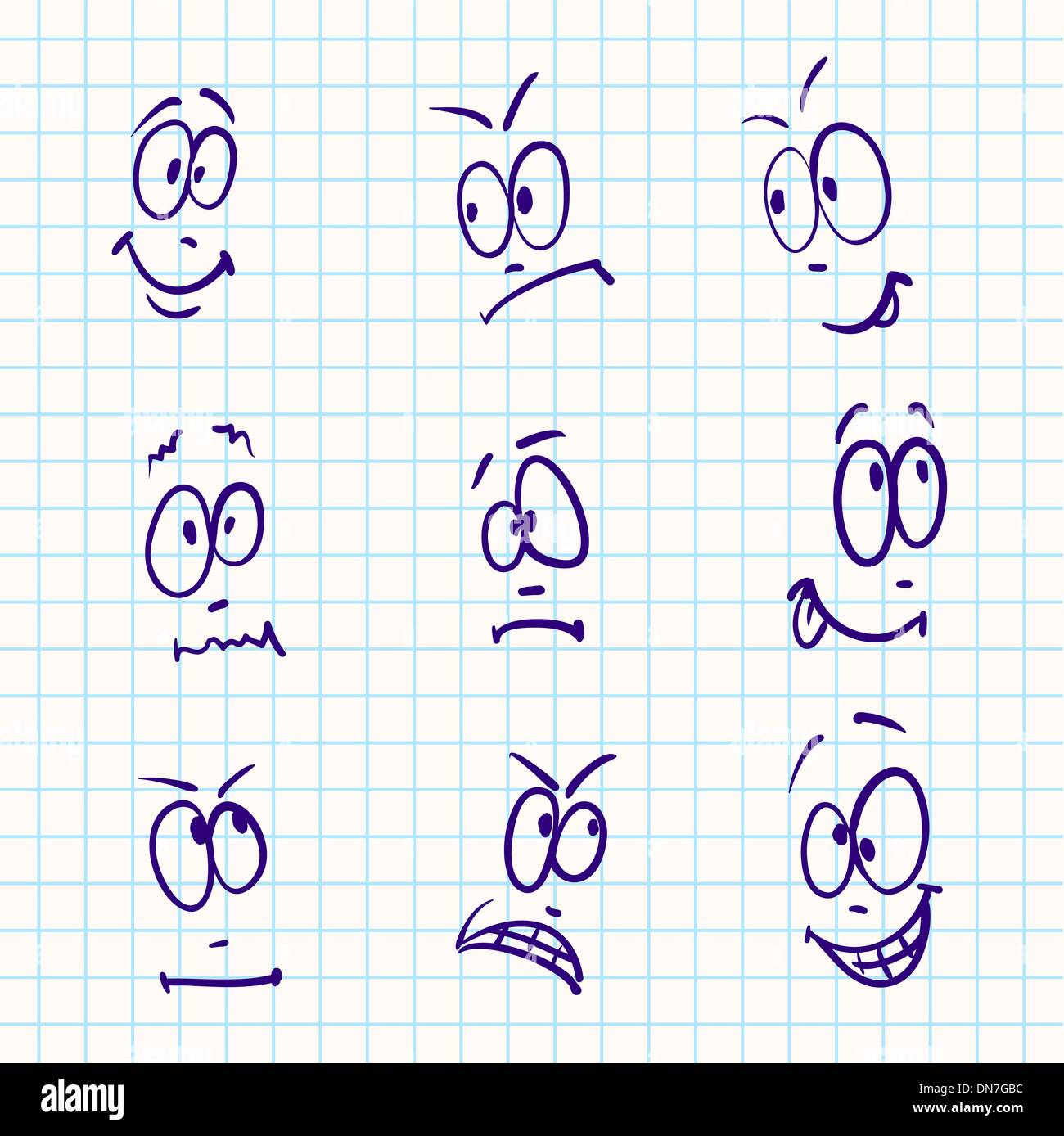 Emotion, vector set of nine face on notebook paper Stock Vector Image ...