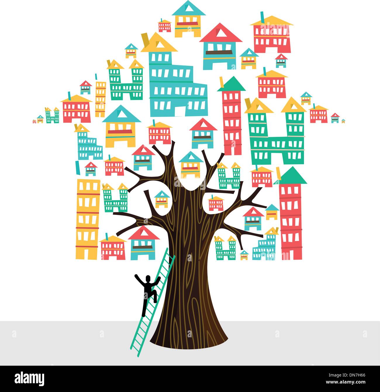 Real estate tree house icons human with ladder, rental concept Stock ...