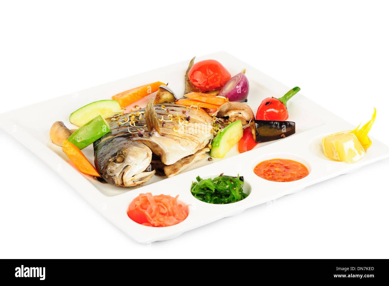 fried wish with grilled vegetables, pickled gin ger, chukka seaweed ...