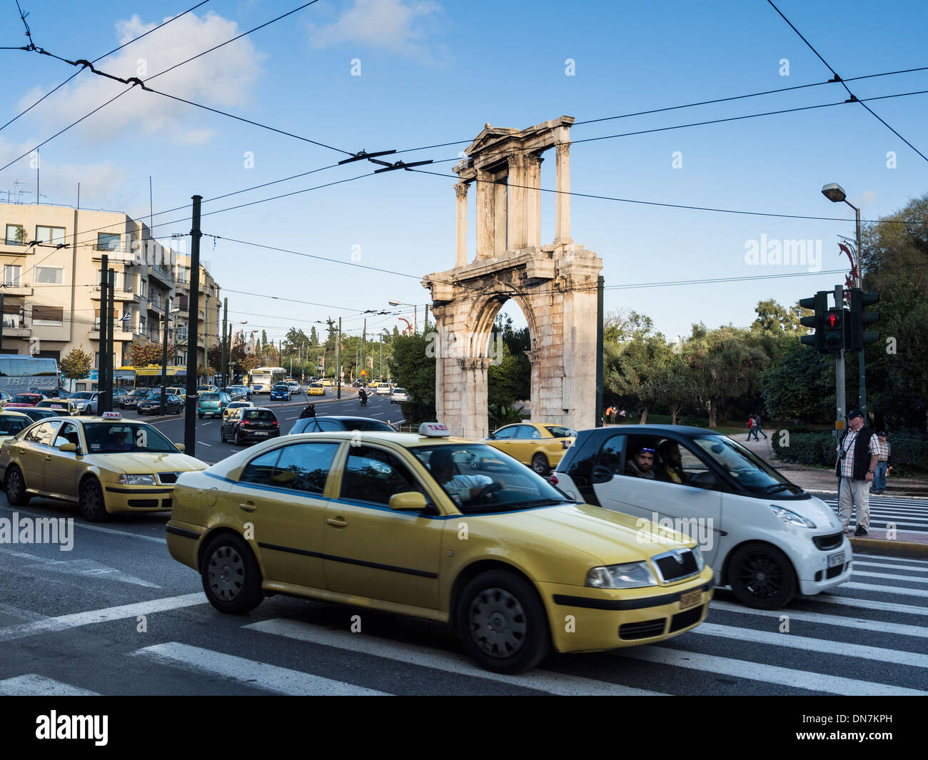 Modern traffic in front of Hadrians Gate in Athens Greece Stock Photo ...