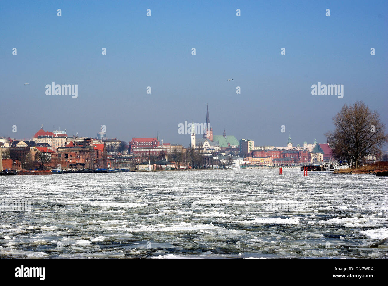 ice float on river on city background Stock Photo - Alamy