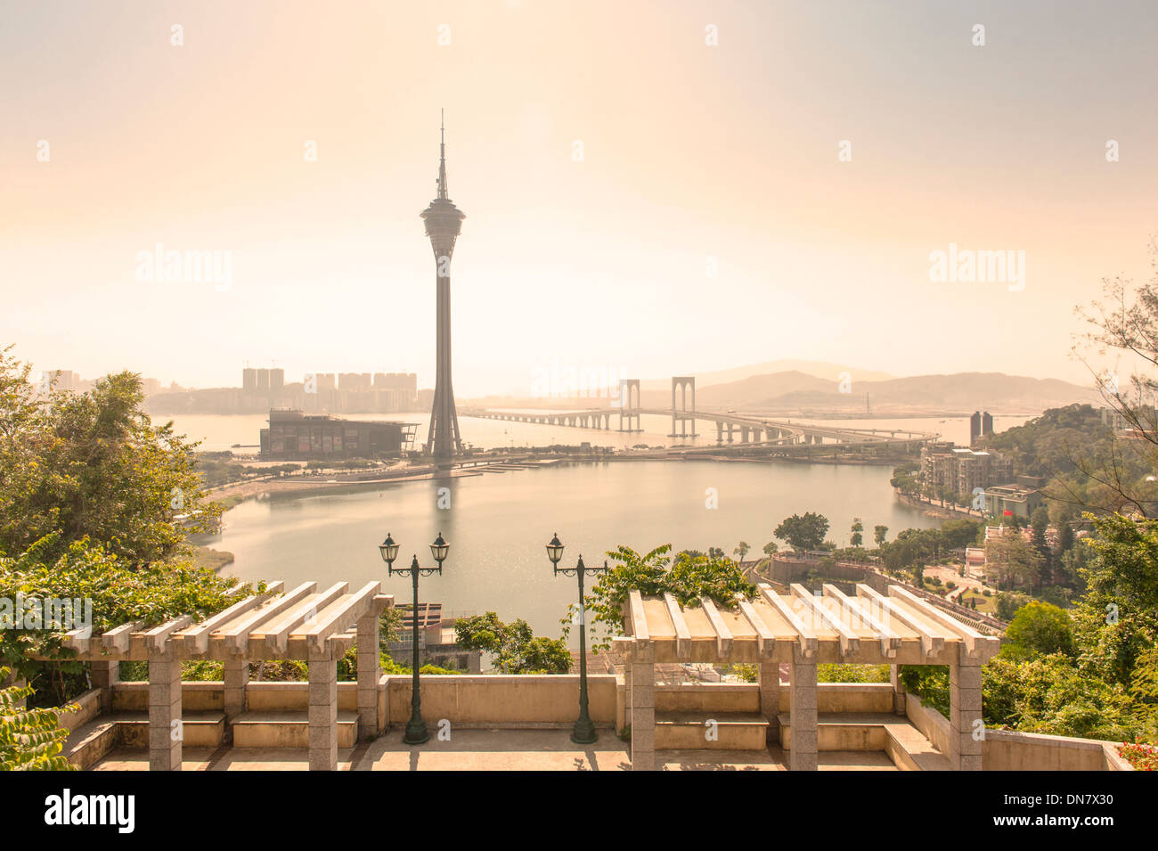 Macau tower seen from Penha hill, a landmark building, dining venue and ...