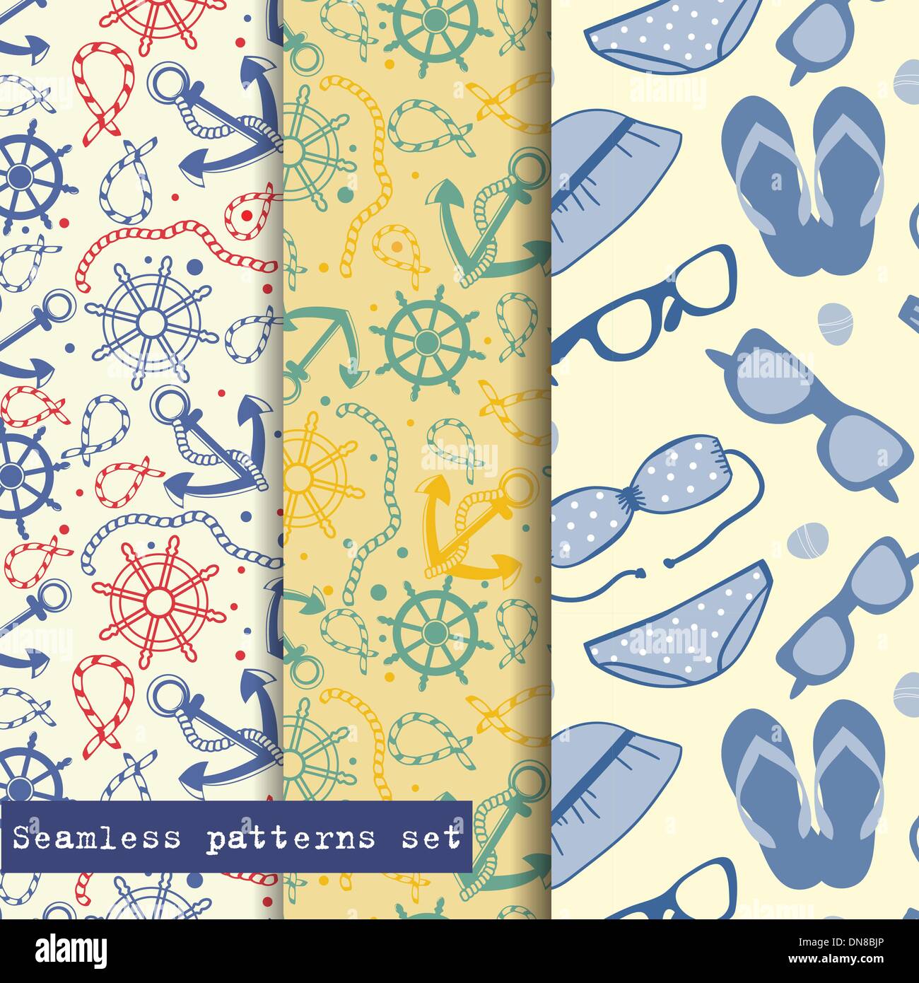 Set of three seamless pattern. Sea and beach theme. Easy editable ...