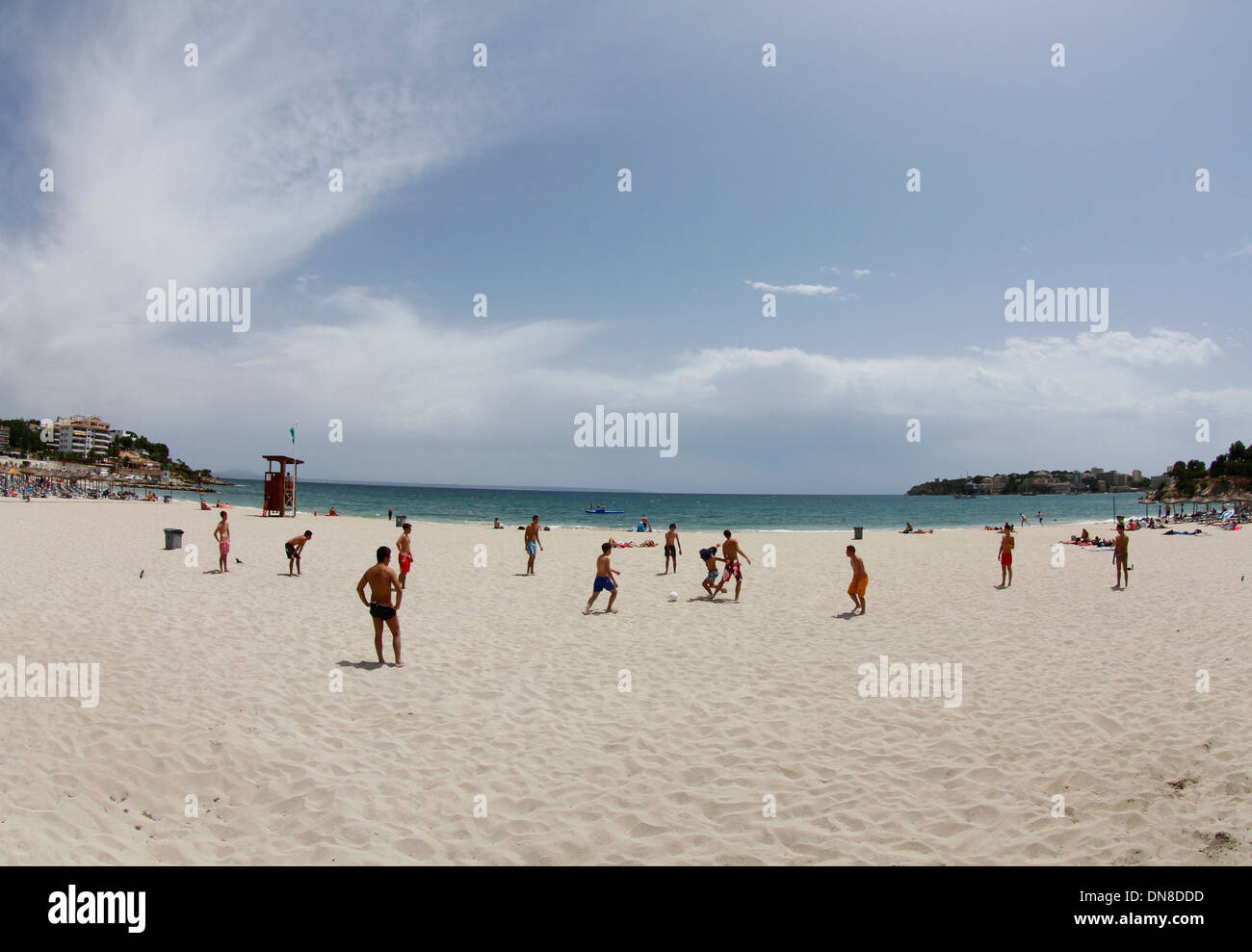 Crowded touristic beach of El Arenal, at the island of Majorca in the ...