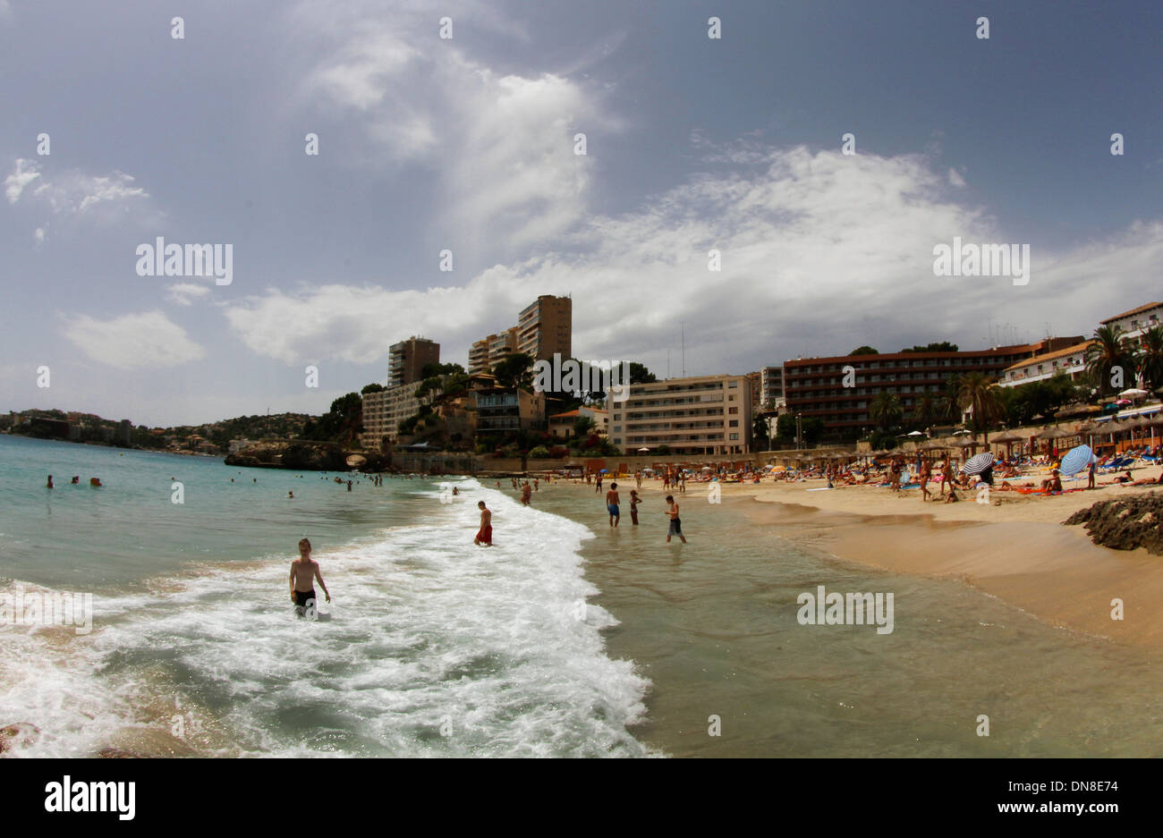 Crowded touristic beach of El Arenal, at the island of Majorca in the ...