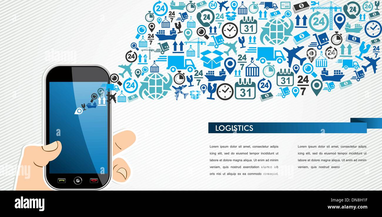 Shipping logistics mobile human hand icons splash Stock Vector Image ...