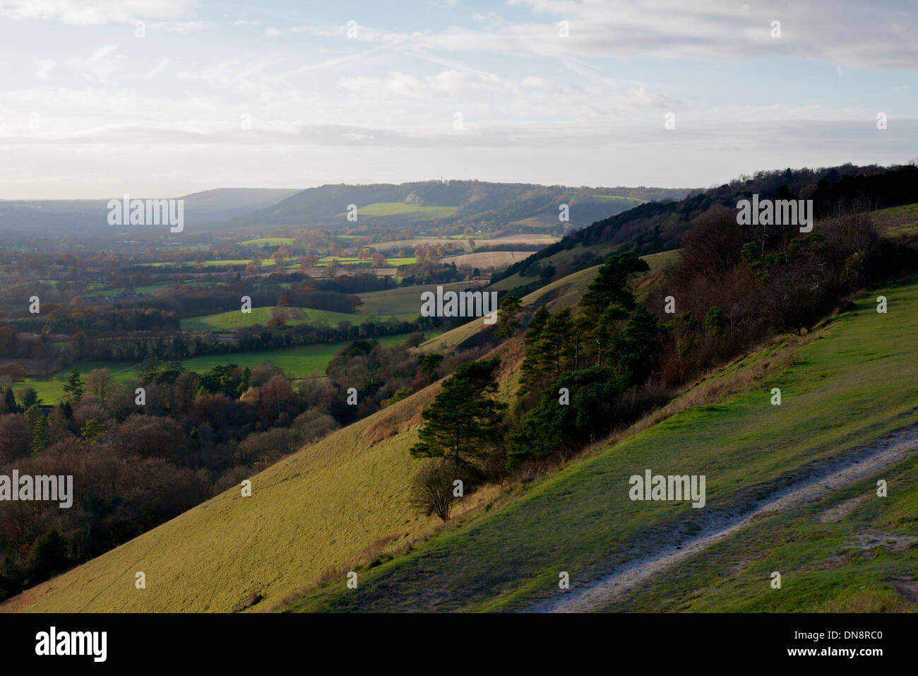 Looking west across the Weald and along the chalk scarp of the North ...