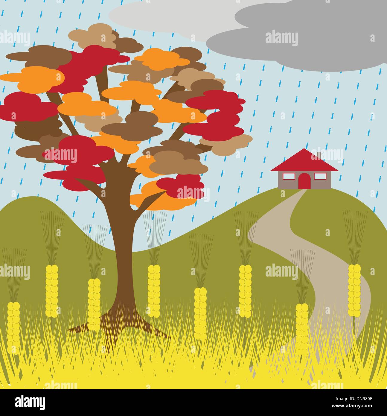 autumn tree rain and wheat Stock Vector Image & Art - Alamy