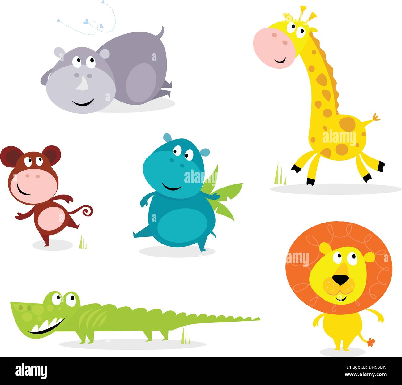 Six cute safari animals - giraffe, croc, rhino, hippo, lion, monkey ...