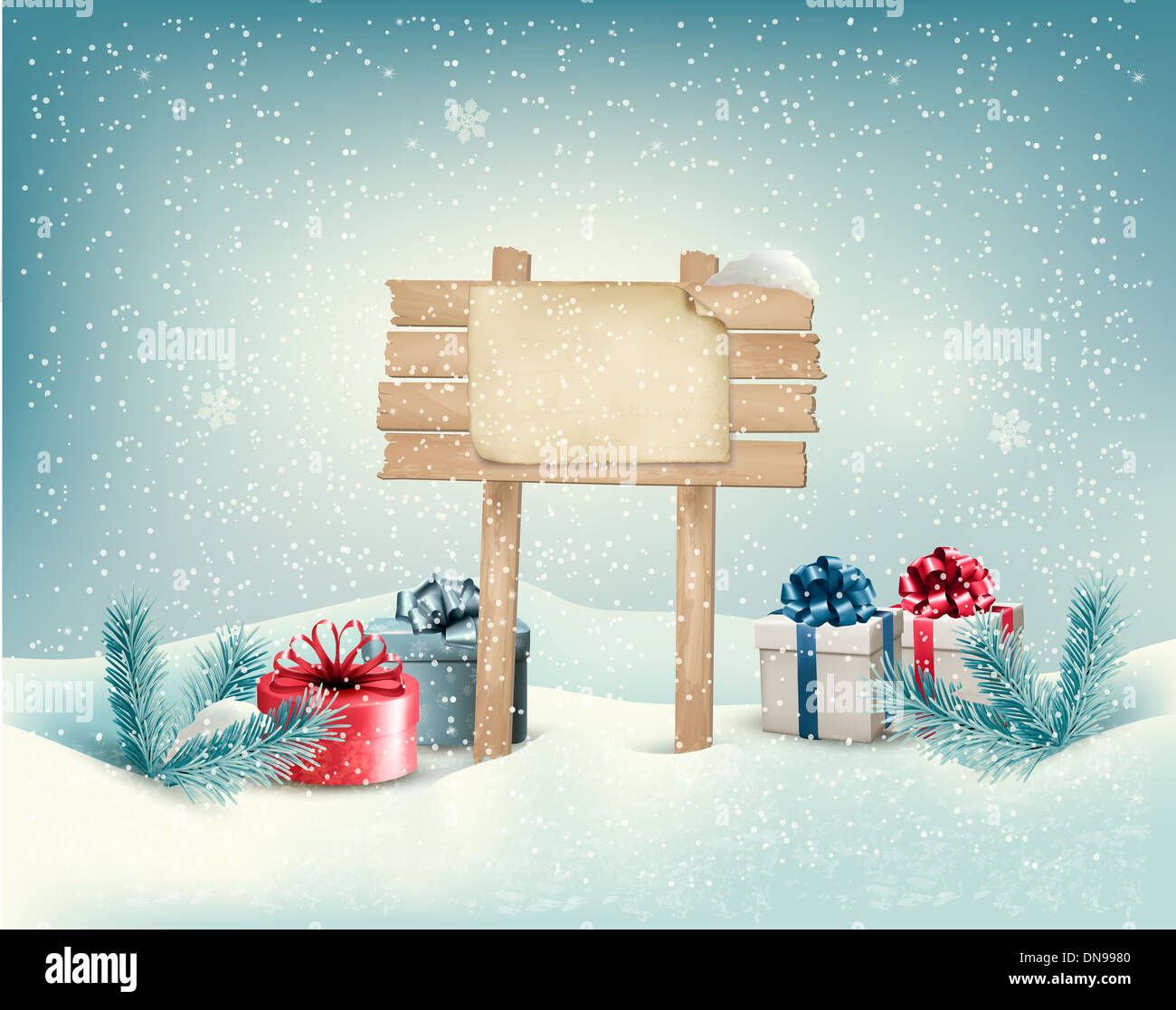 Christmas winter background with presents and wooden board. Vector ...