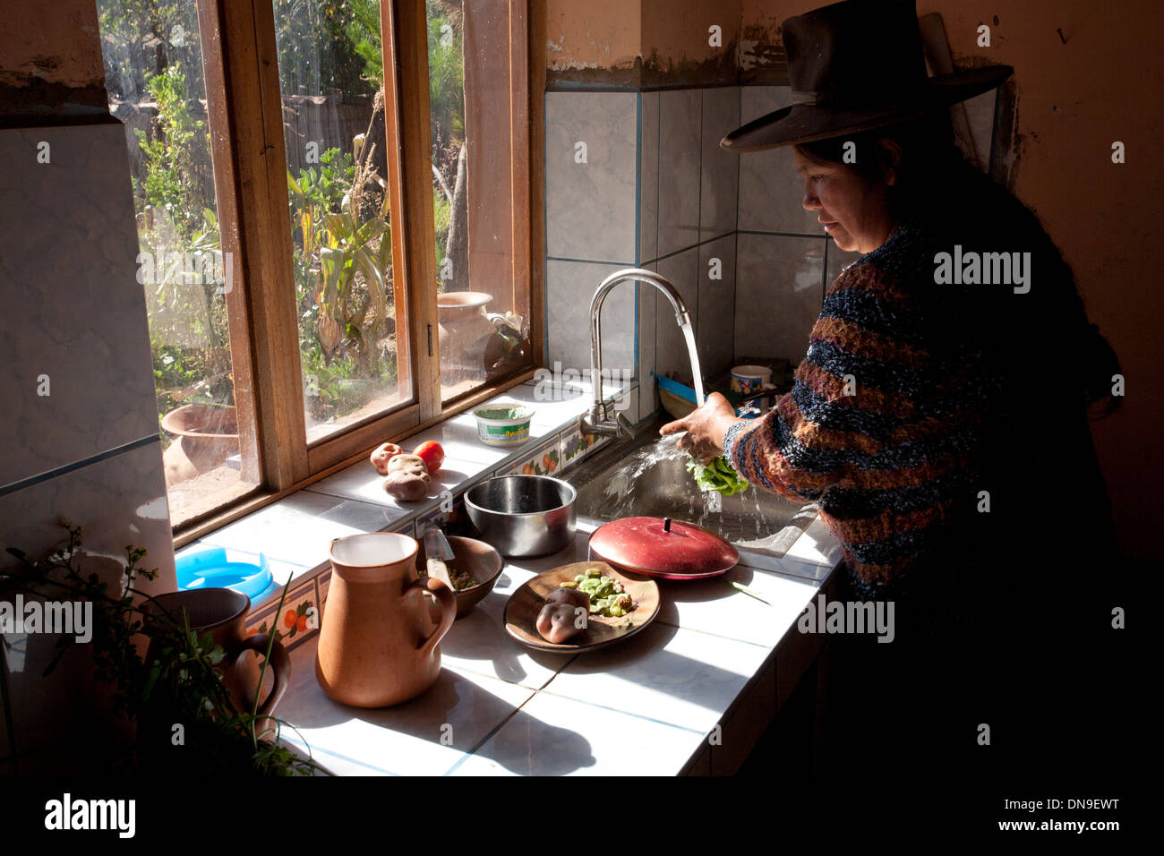 A Peruvian woman washes vegetables in preparation to cook dinner Stock ...