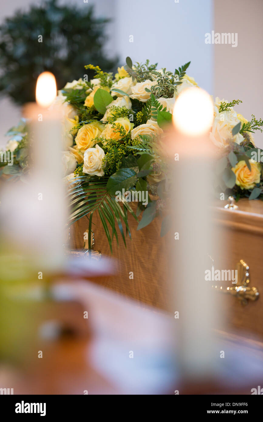 Coffin in a funeral service (staged service, not an actual funeral ...