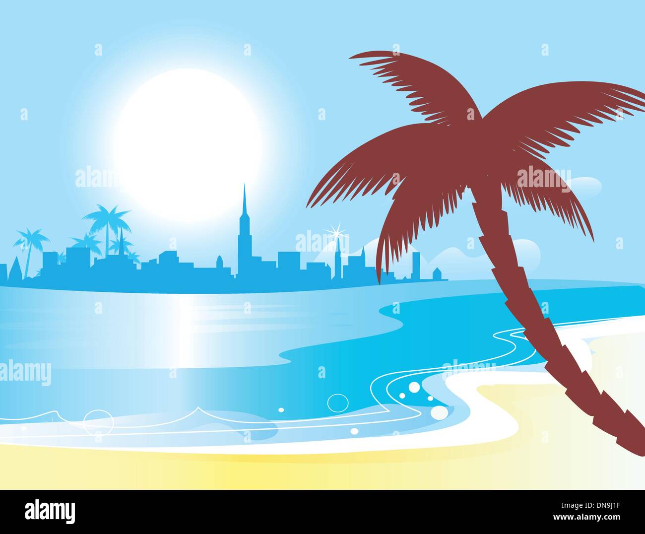 Sunny blue ocean landscape vector illustration Stock Vector Image & Art ...