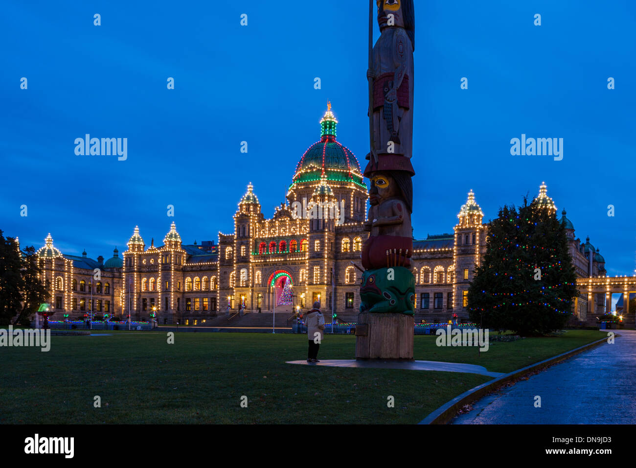 British Columbia Legislative buildings lit up for Christmas at dusk ...