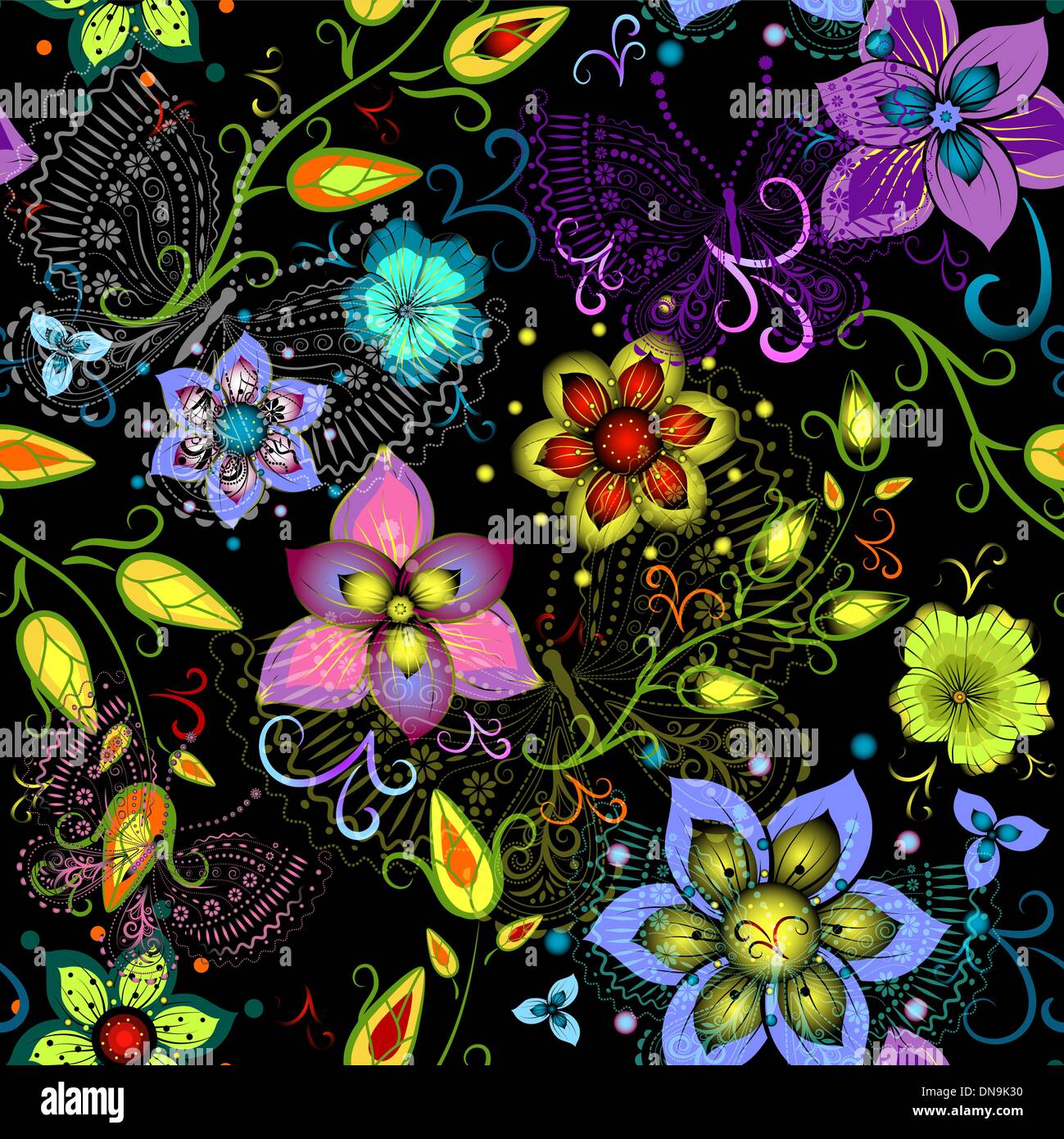 Black seamless floral pattern with transparent butterflies Stock Vector ...