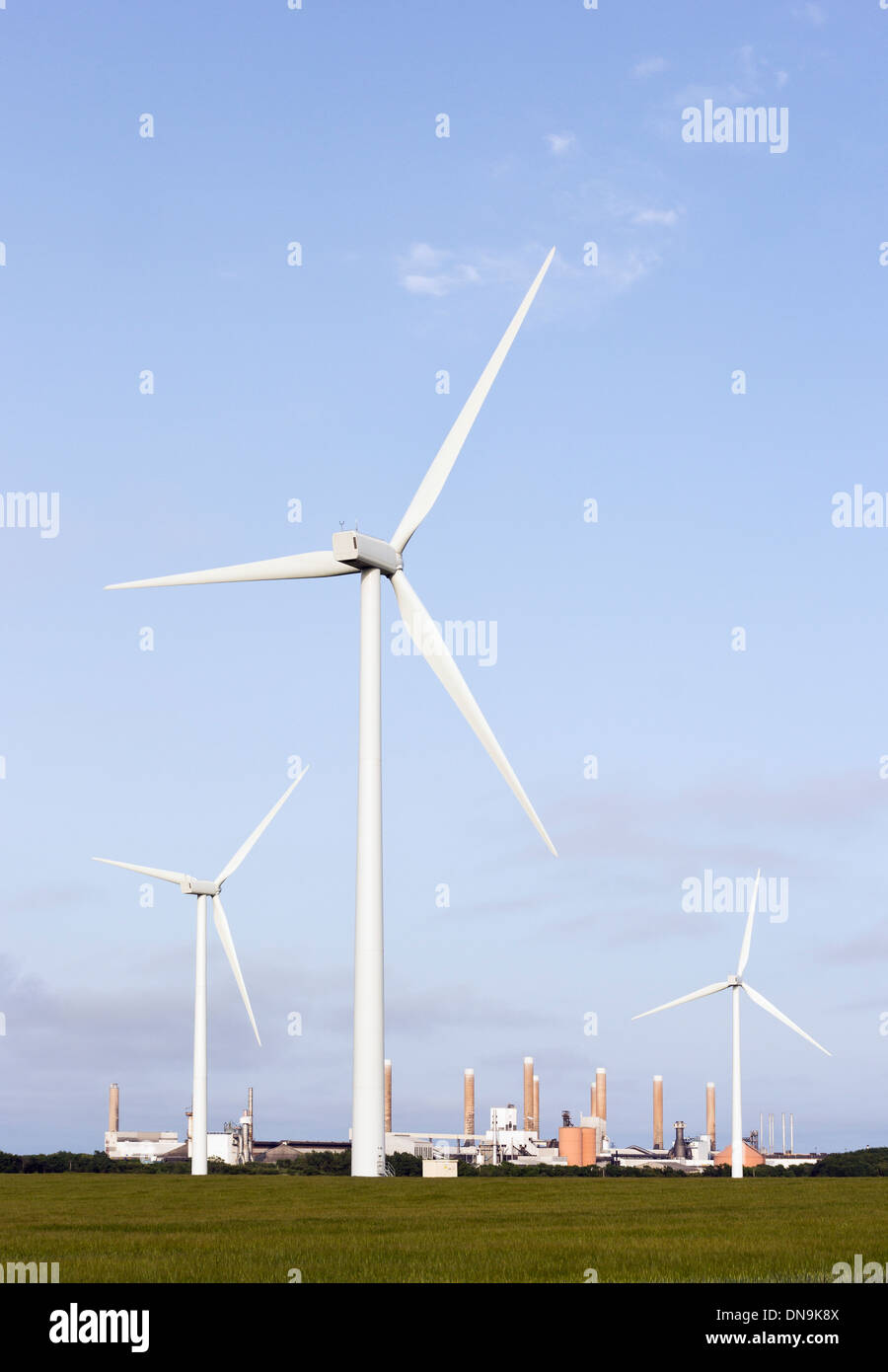 Windfarm at Lynemouth, Northumberland with the Alcan smelter as a ...