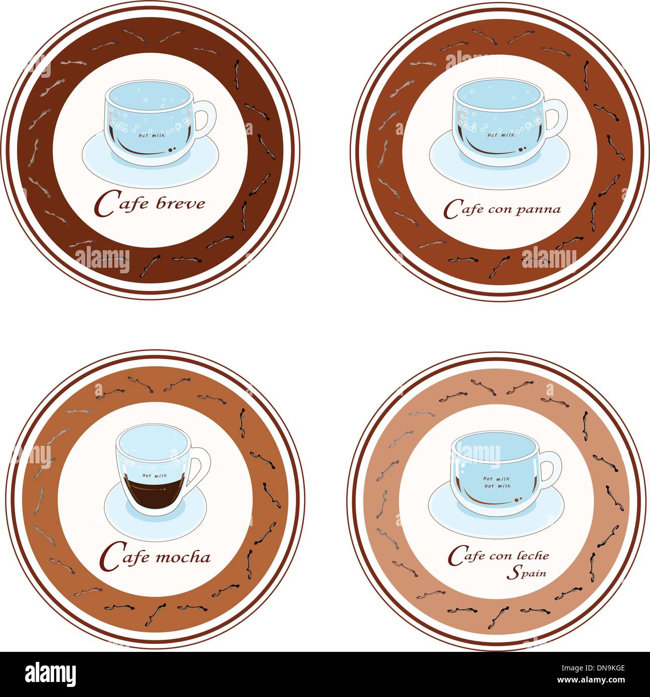 Four Type of Coffee Beverage in Retro Round Label Stock Vector Image ...