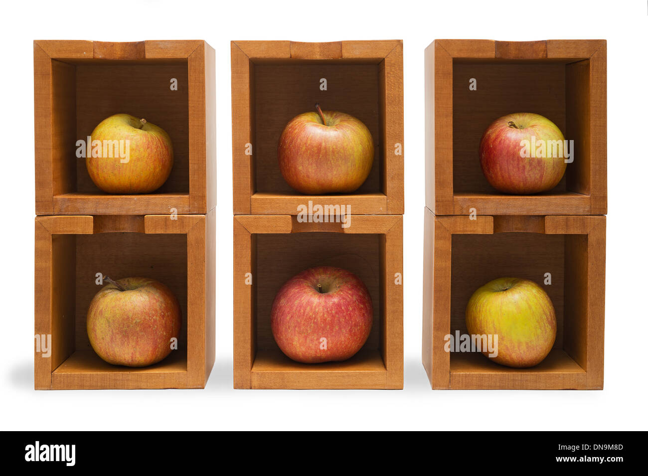 Six apples in six wooden boxes. Isolated Stock Photo - Alamy