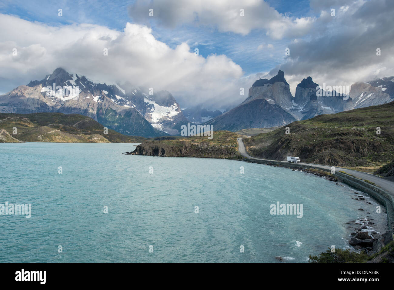 Water way and mountain ranges in Torres del Paine National Park Chile ...