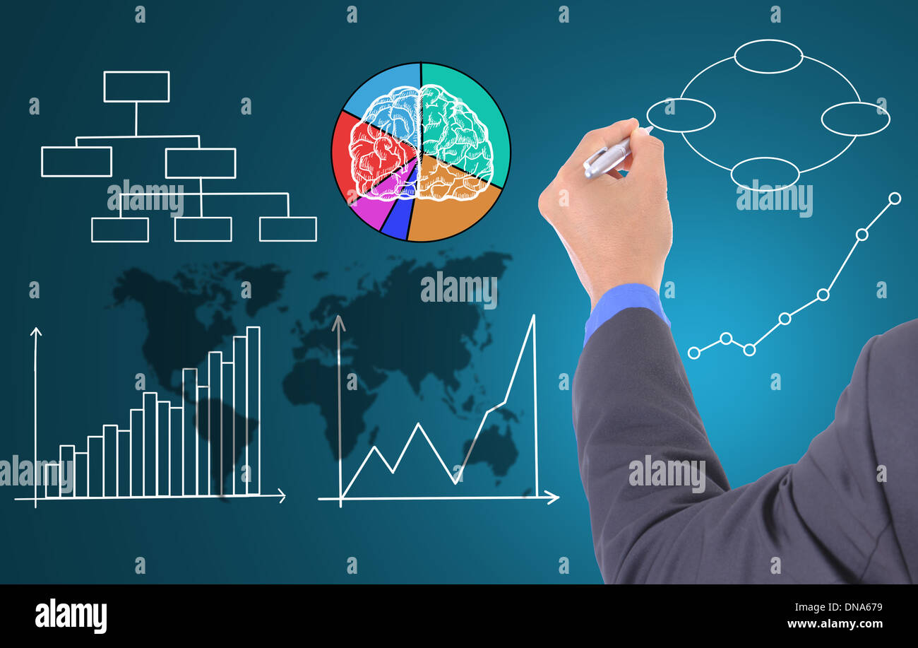 Businessman write multiple graph for show case with world buinsess ...