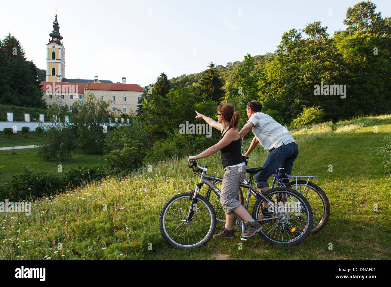 Bikers, Grgeteg, Orthodox monastery on the Fruška Gora mountain in the ...