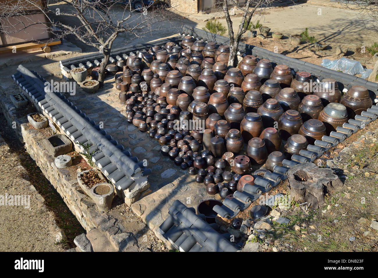 Korean Traditional platform for crocks of sauces and condiments Stock ...