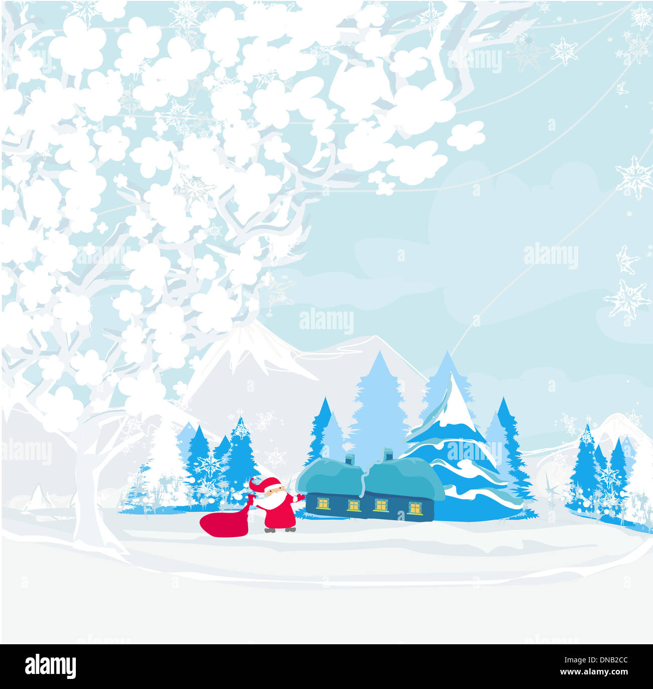 Winter landscape with houses and funny Santa Stock Photo - Alamy