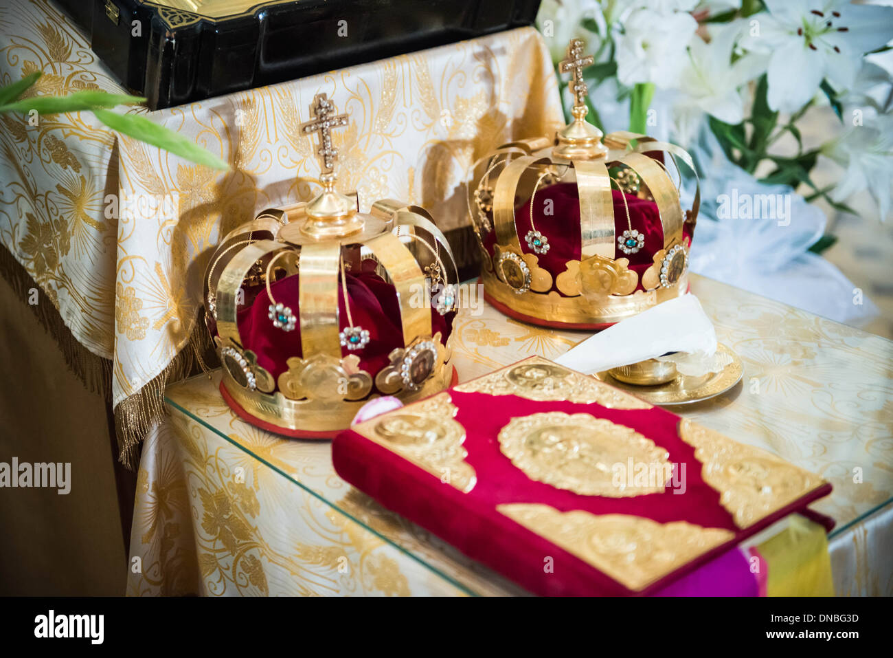 Orthodox wedding day crowns for bride and groom Stock Photo - Alamy