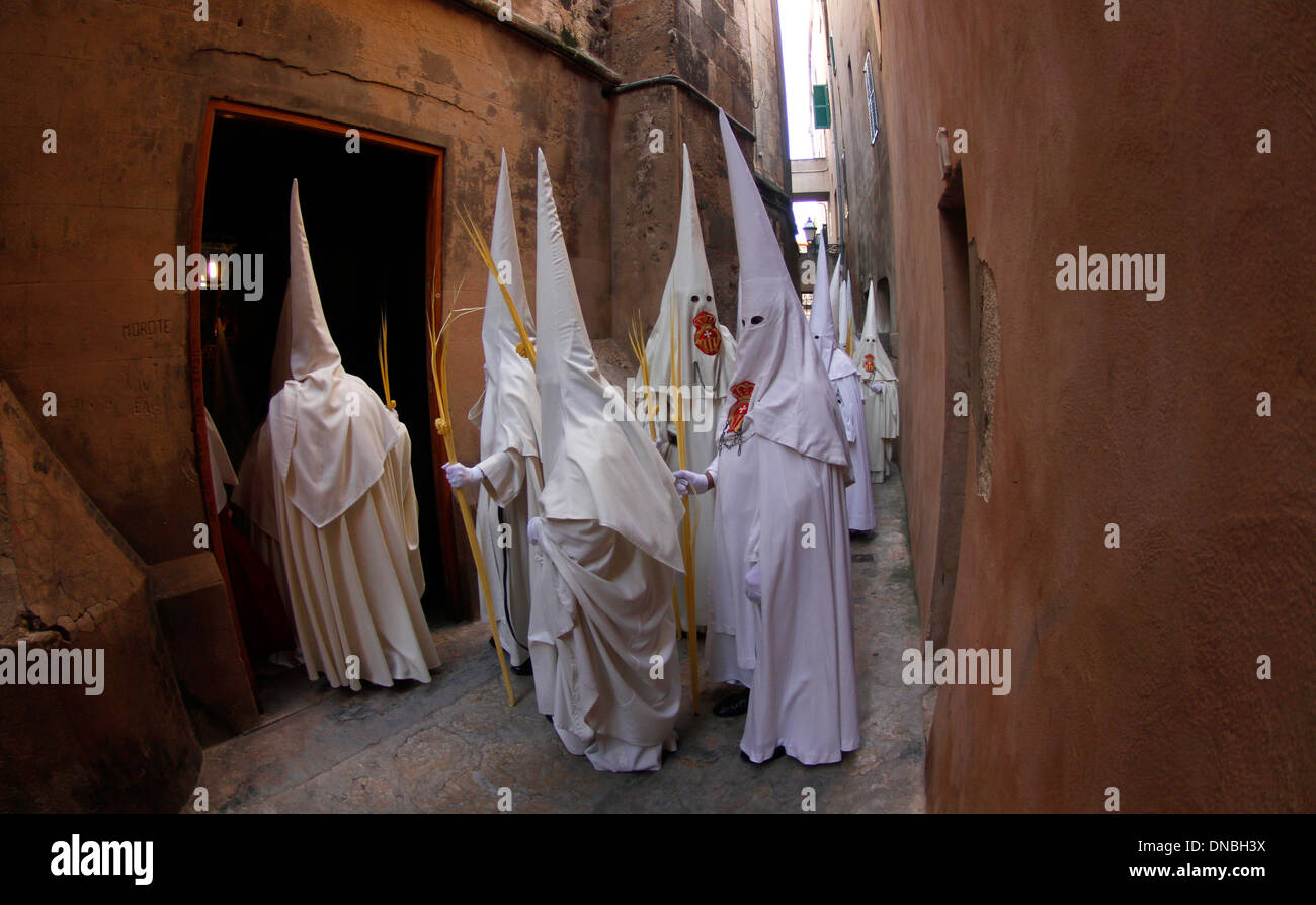 Penitents seen during an easter procession during holy week in Mallorca ...