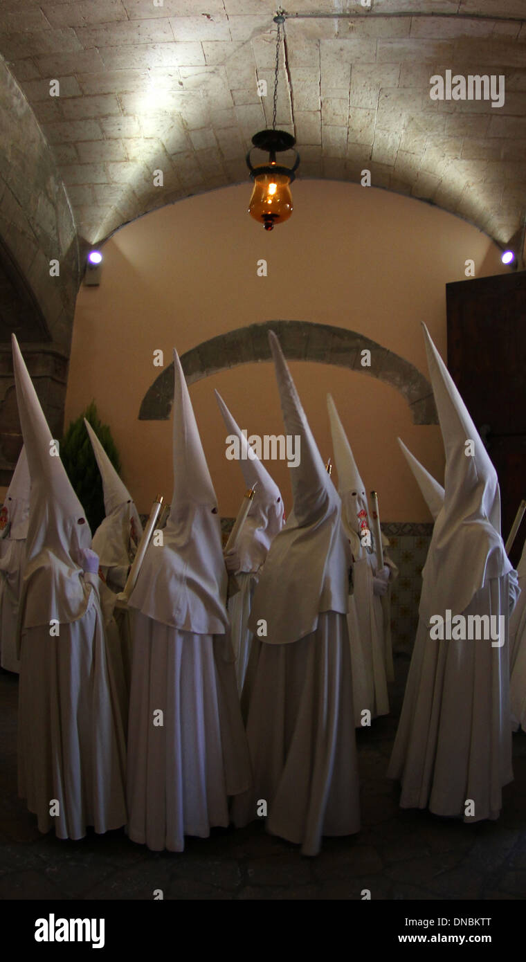 Penitents seen during an easter procession during holy week in Mallorca ...