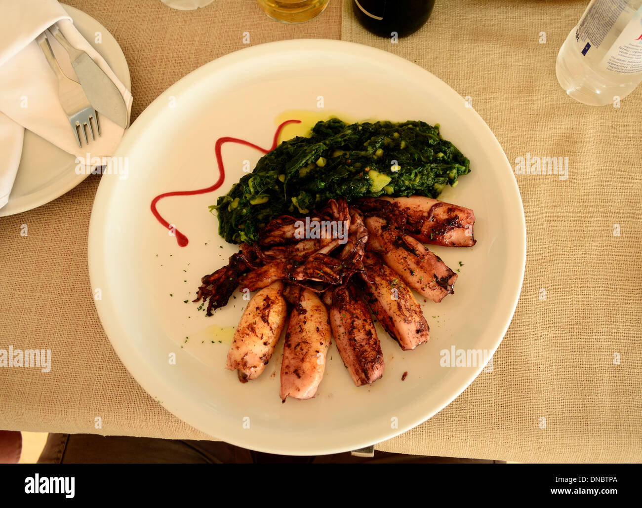Diner scene typical dalmatian food charcoal fried squid Istria Adriatic ...
