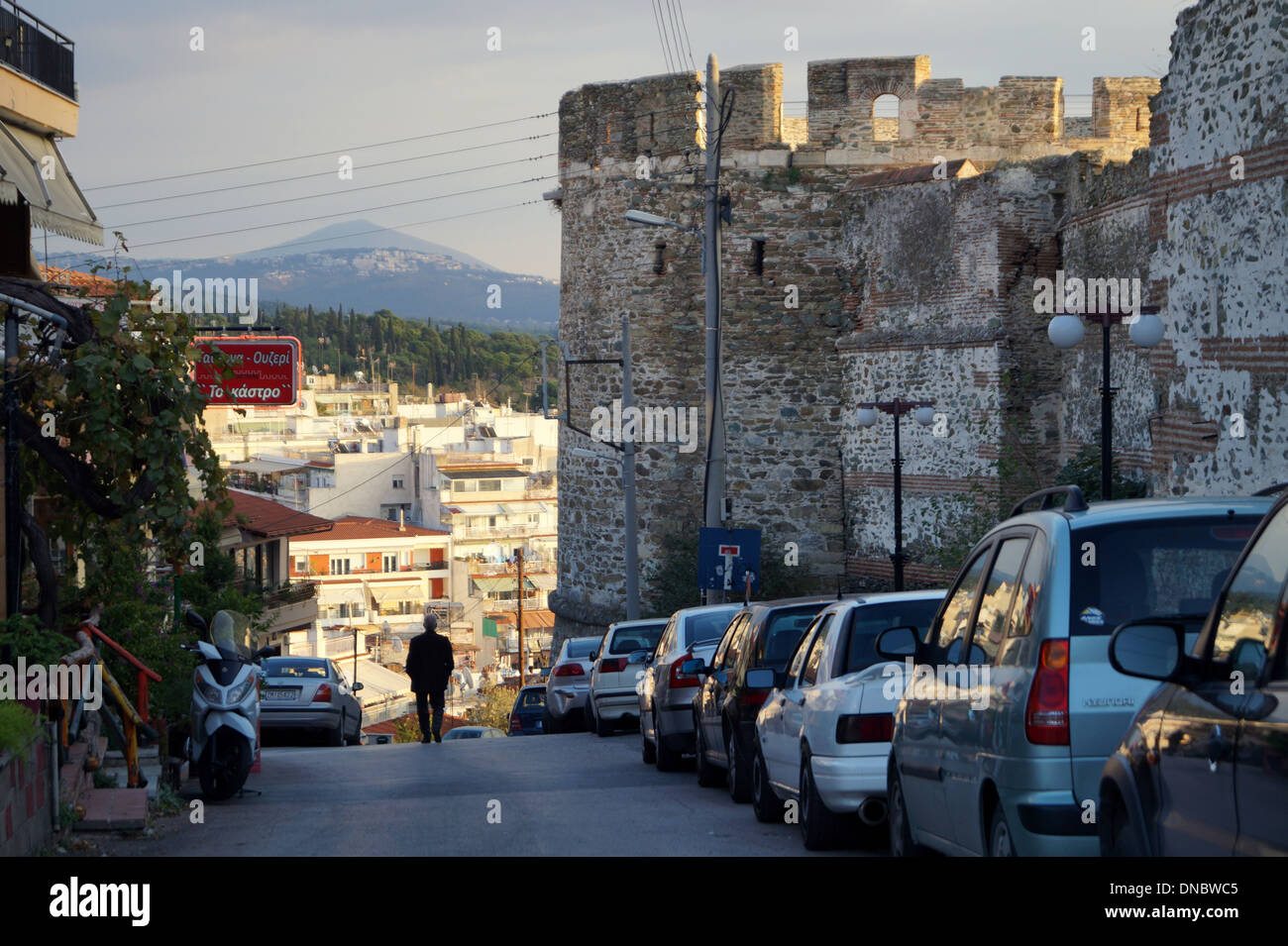 Man walking on the northern part of thbe Byzantine Walls and Trigonion ...