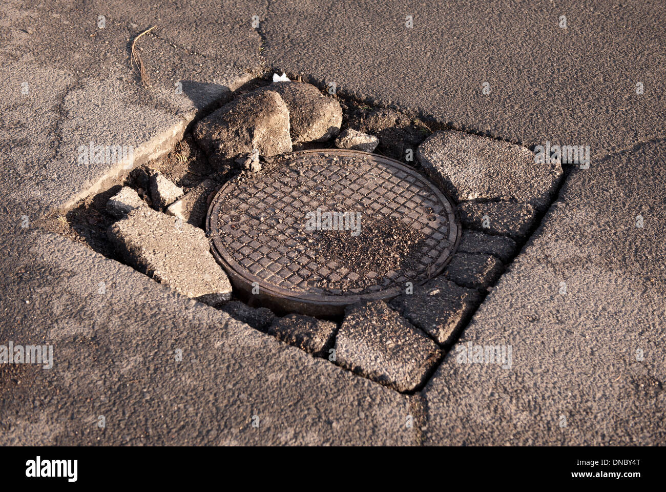 chuckhole in asphalt and circular manhole cover Stock Photo - Alamy